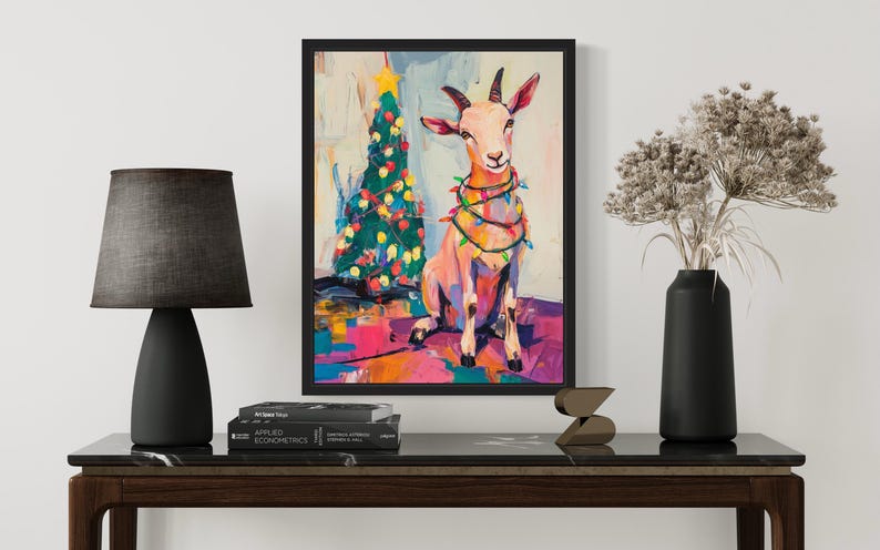Goat Tangled in Christmas Lights Poster Art Print, Animals Wall Art ...