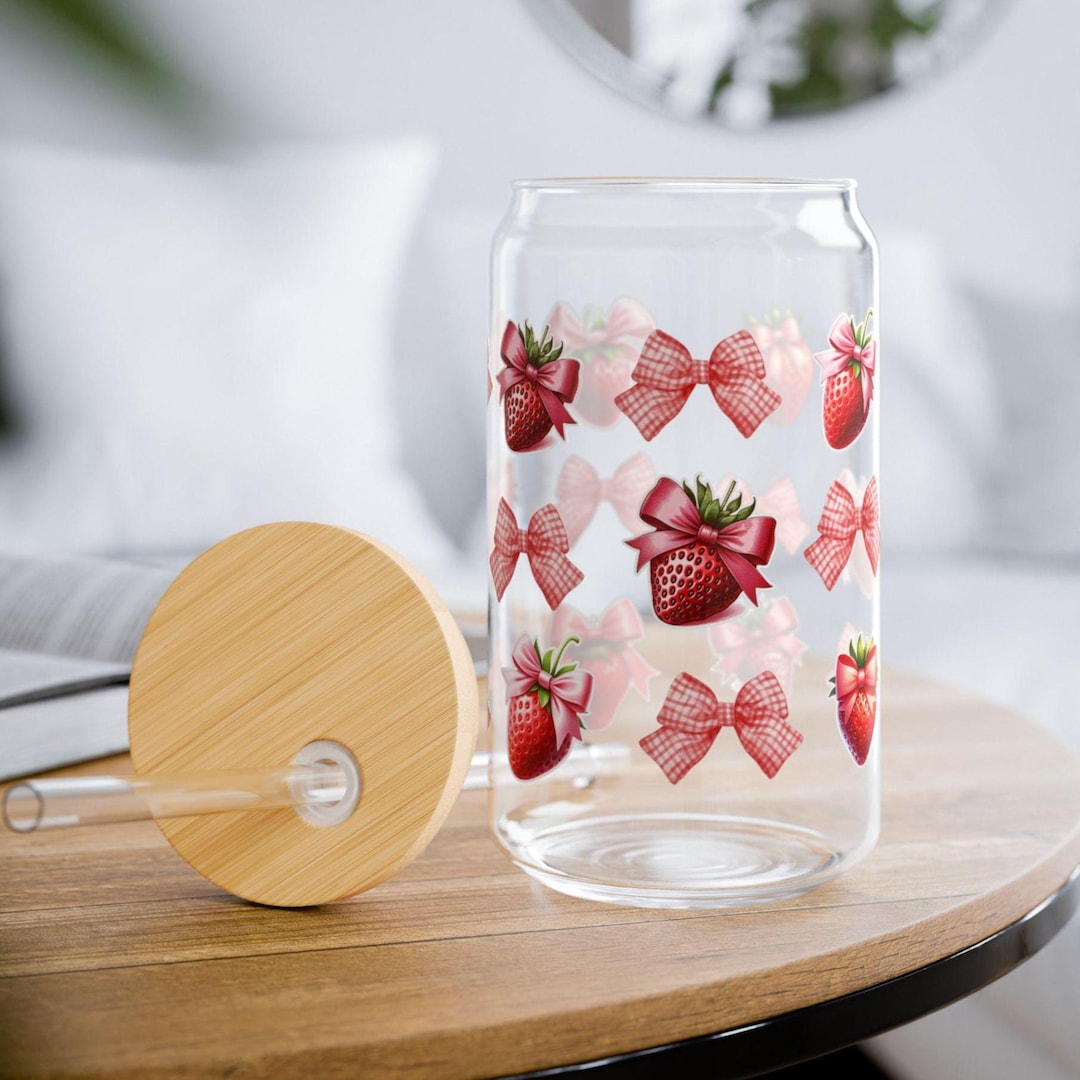 Strawberries Sipper Glass Coquette Aesthetic 16oz Berries and Bows ...