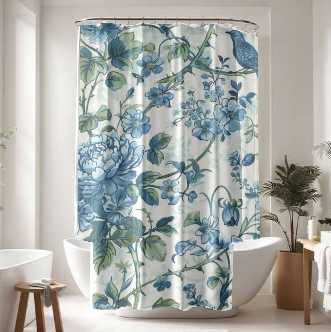 Blue and Green Toile Shower Curtain Shower Curtains French Country ...