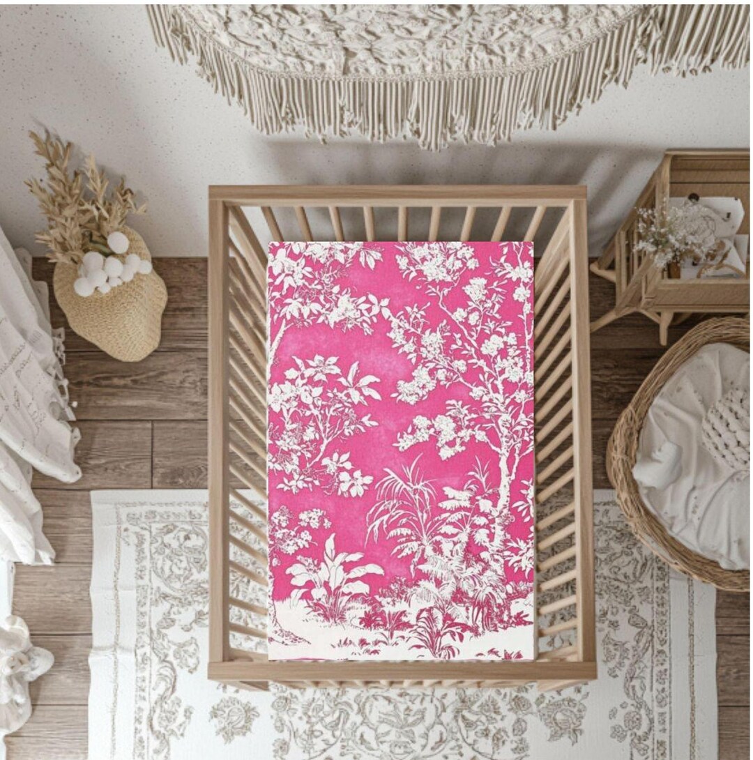 Toile Jersey Crib Sheet Fitted Pink and White Nursery Decor, Gift for ...