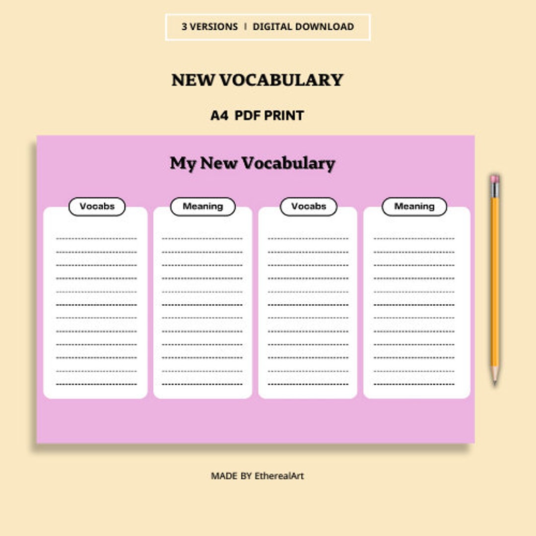 New Vocabulary Note Printable Planner Inserts Vocabulary List Worksheet ...