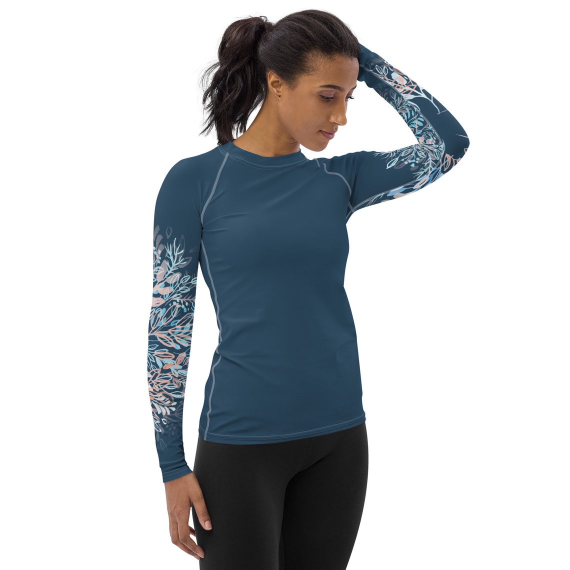 Women's Flower Blue Sleeve Rash Guard, Rash Guard, Sun Protection 38 ...