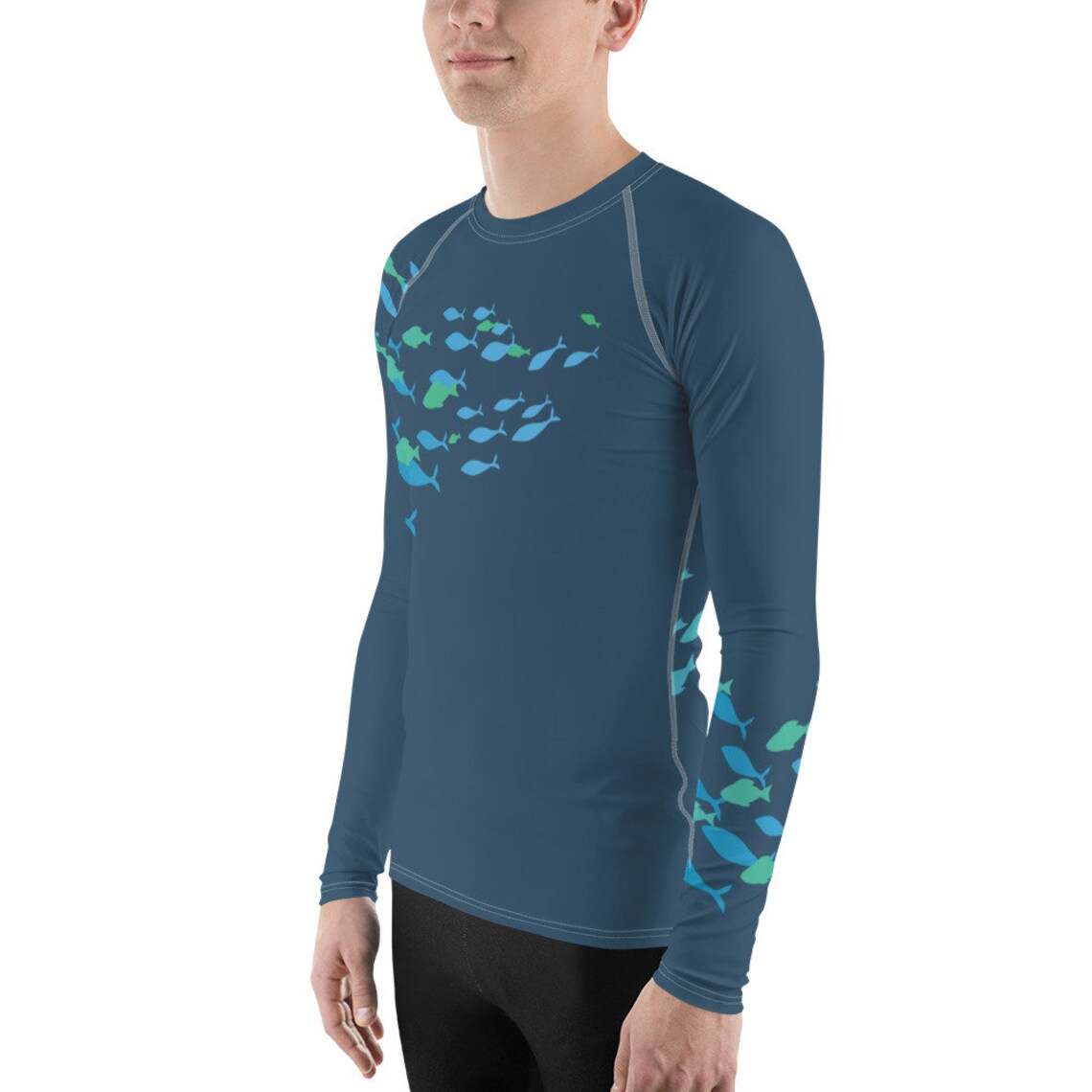 Men's Blue Fish School Long Sleeve Rash Guard, UPF 38+ Sun Protection ...