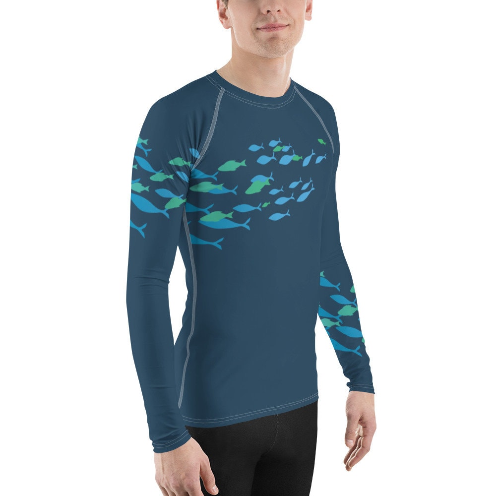 Men's Blue Fish Scool Long Sleeve Rash Guard, Rash Guard, Sun ...