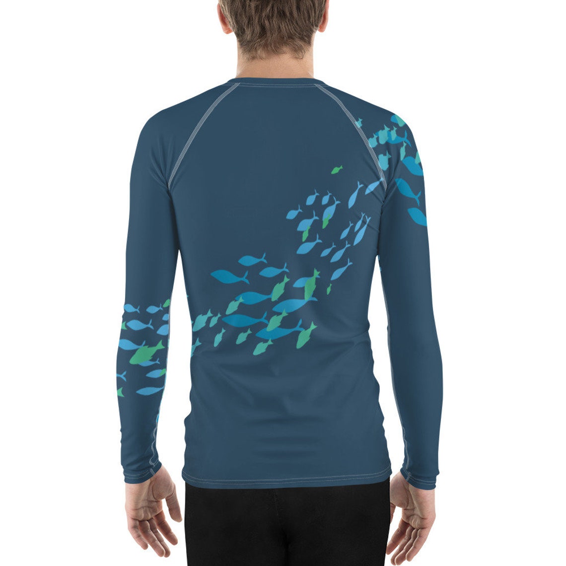 Men's Blue Fish School Long Sleeve Rash Guard, UPF 38+ Sun Protection ...