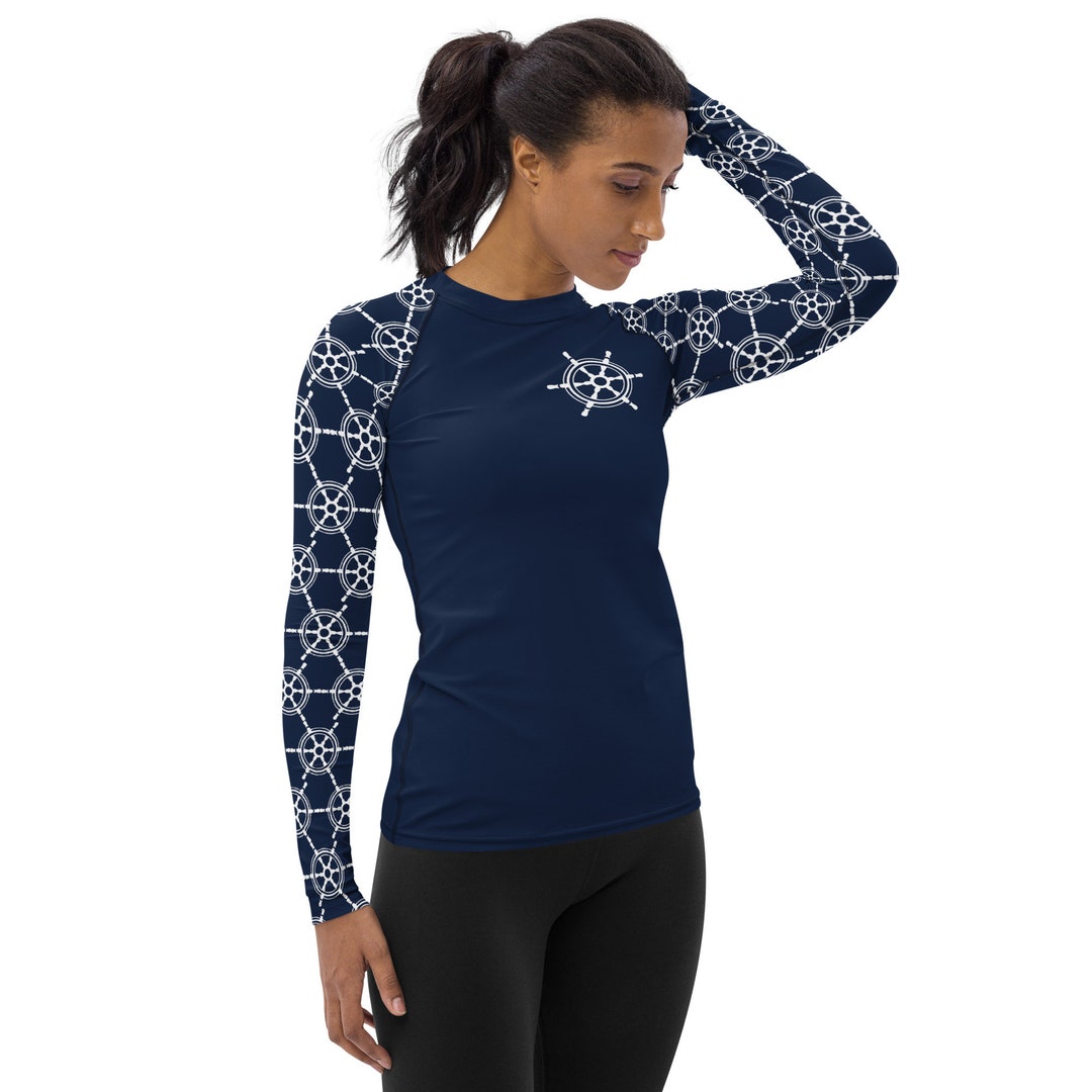 Women's Blue Nautical Long Sleeve Rash Guard, Nautical Rash Guard, Sun ...