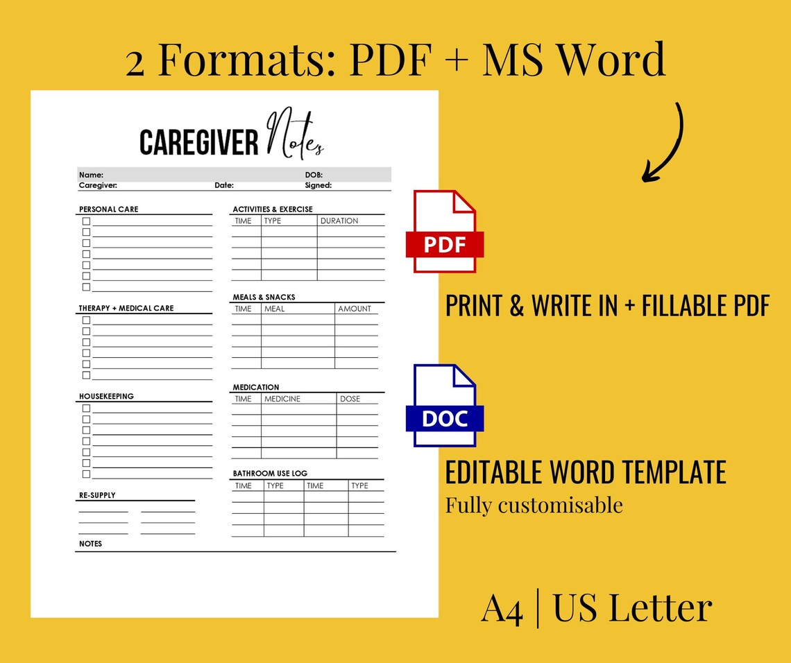 Caregiver Checklist, Caregiving Elderly Caregiver Notes, Caregiver ...