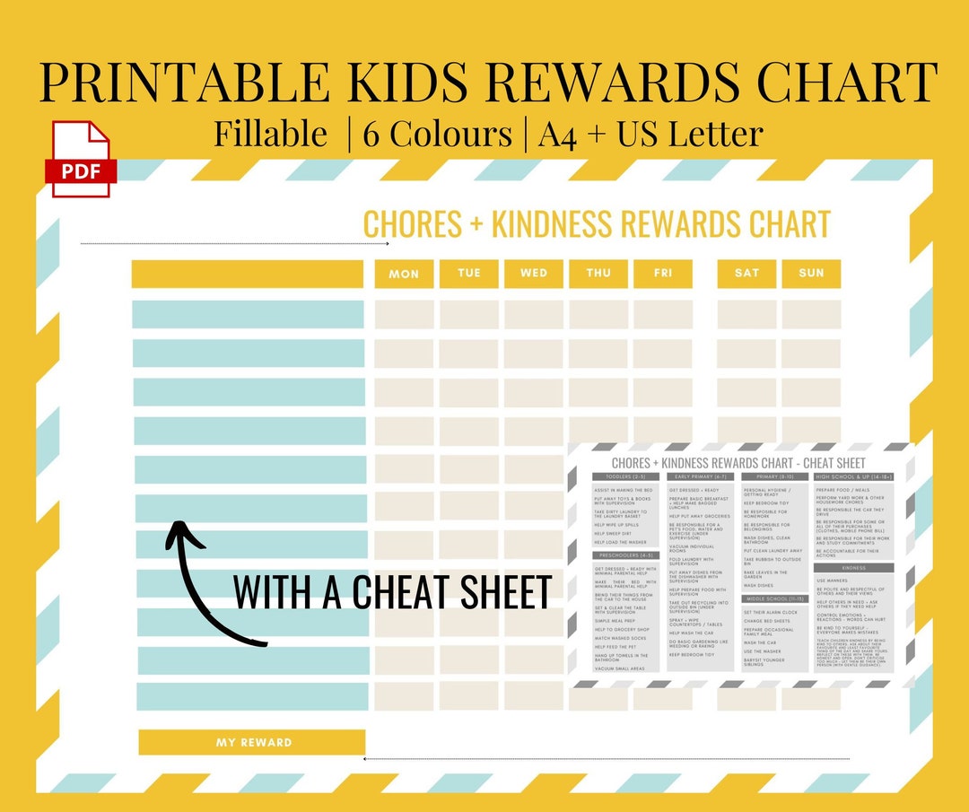 Printable Kids Reward Chart, Kids Rewards Chart Fillable PDF, Kids ...