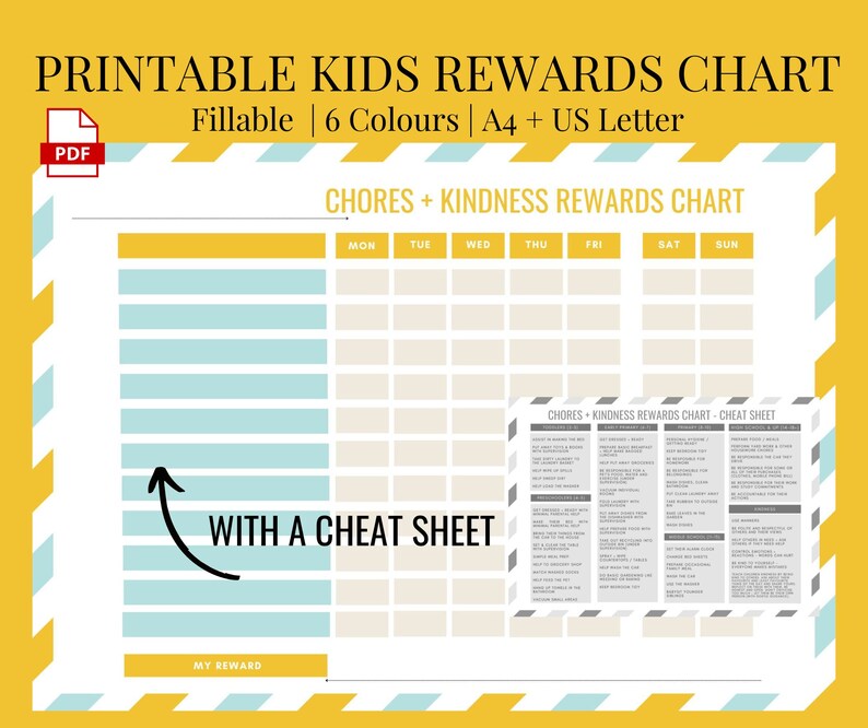 Printable Kids Reward Chart, Kids Rewards Chart Fillable PDF, Kids ...