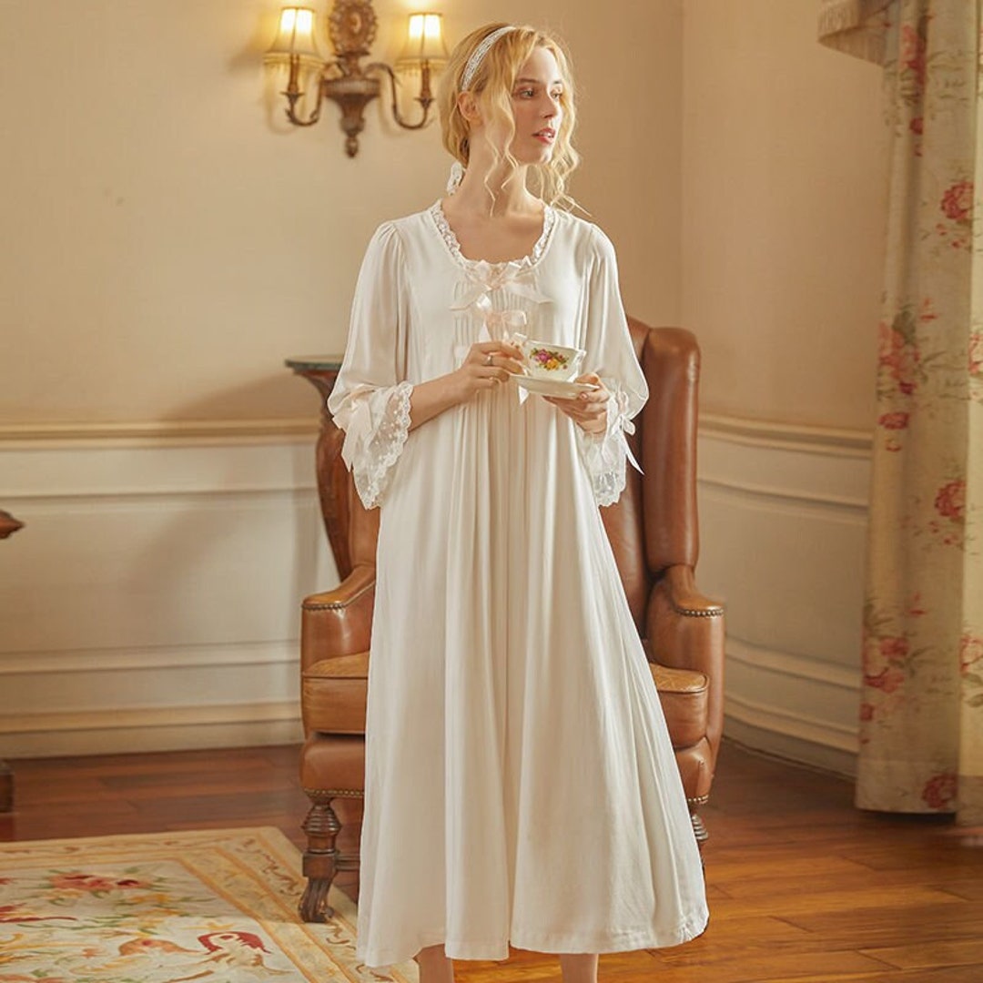 100 % Pure Cotton Victorian Nightgown, French Sleepwear, White, Pink ...