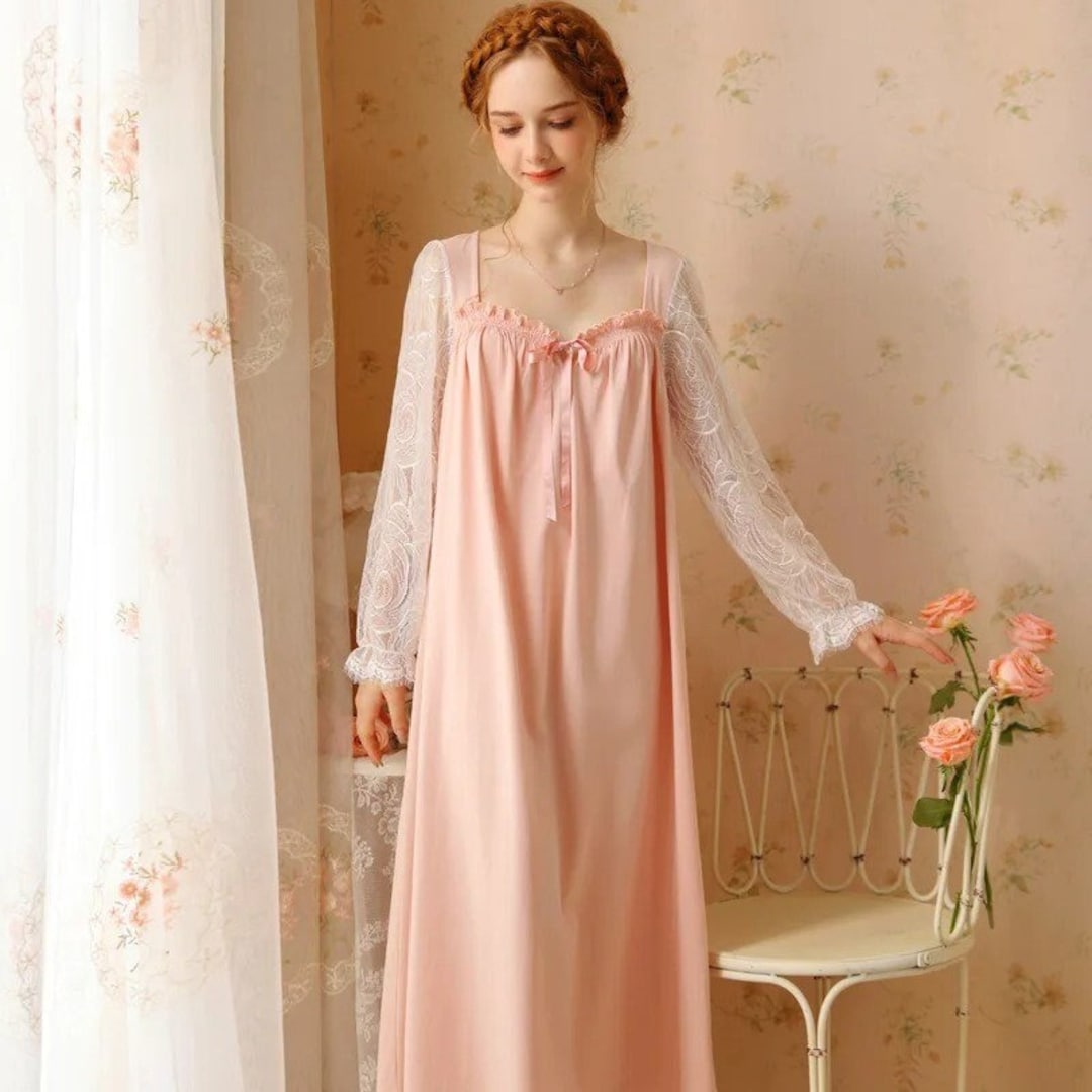 Cotton Lace Nightgown, Long Sleeves, Princess Style for Women, Spring ...