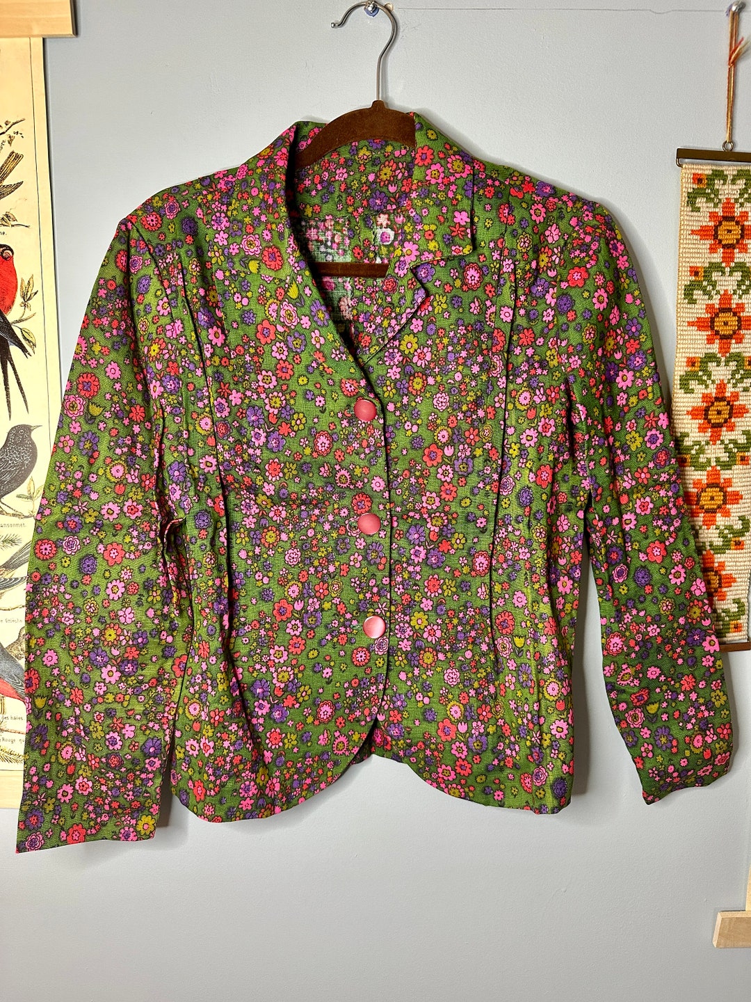 1970s Vintage Flower Power Jacket Pink and Green Barkcloth - Etsy