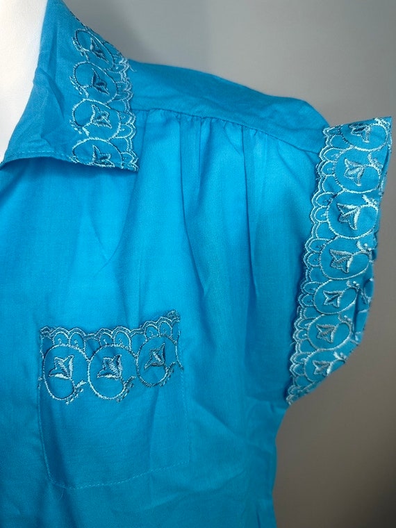 1970s 1980s Vintage Blue Embroidered Button Down Top … - Gem