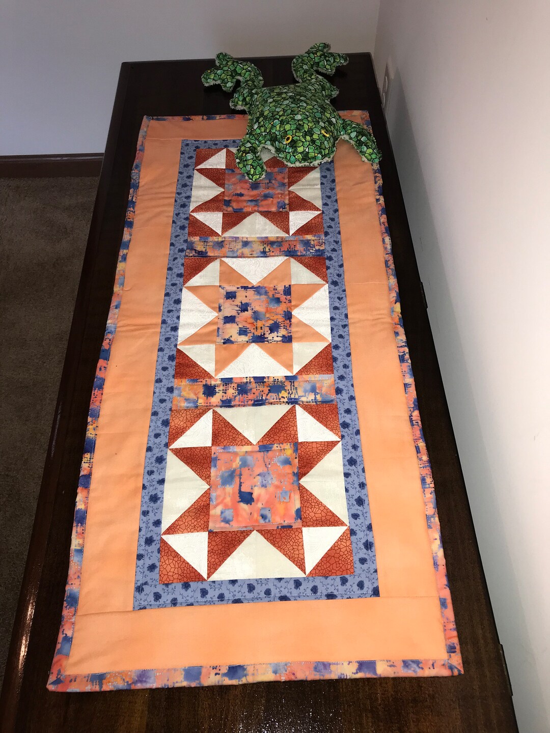 Quilted Table Runner Topper Wall Hanging Reversible Blue Orange and ...