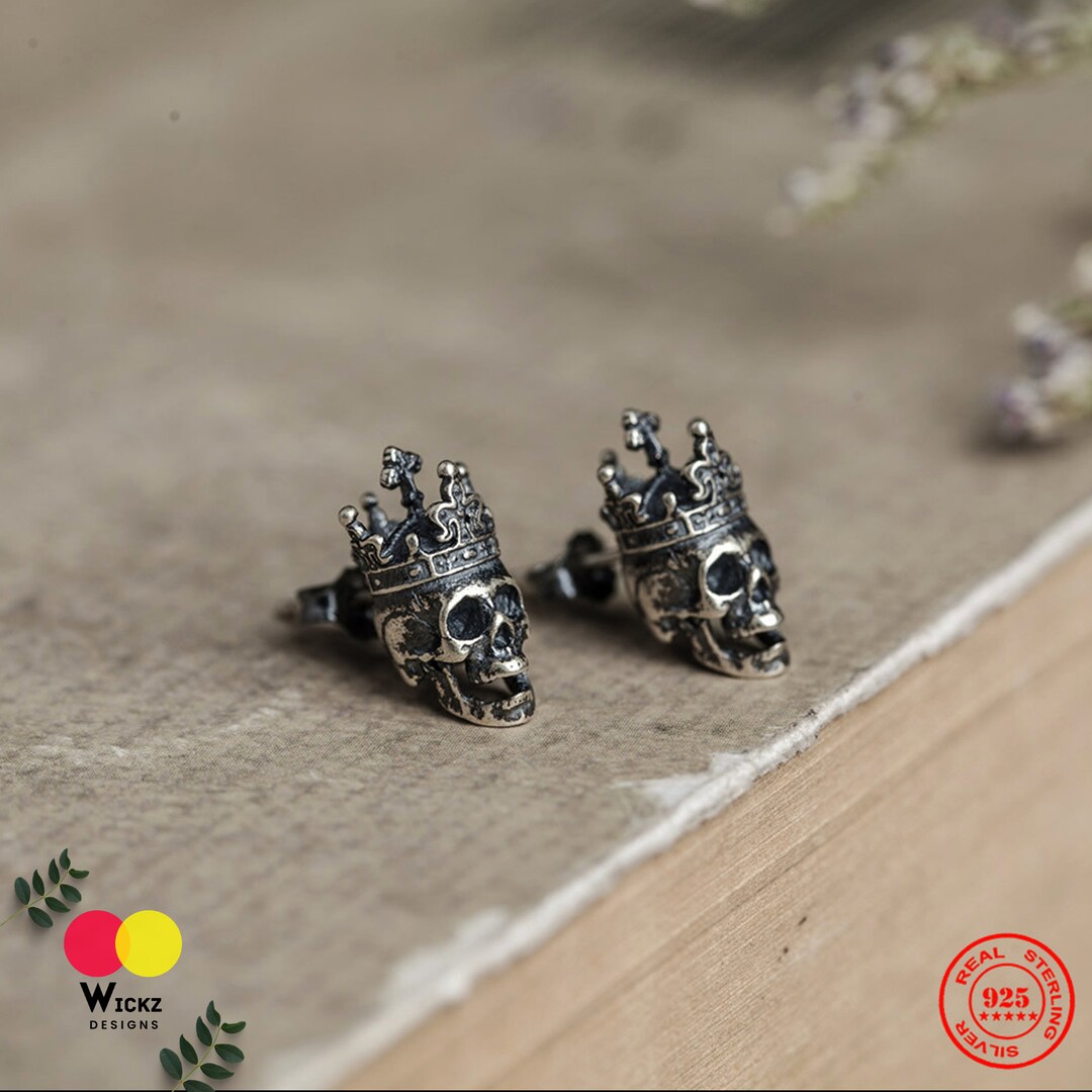 925 Sterling Silver Skull King Crown Stud Retro Punk Gothic Skull ...