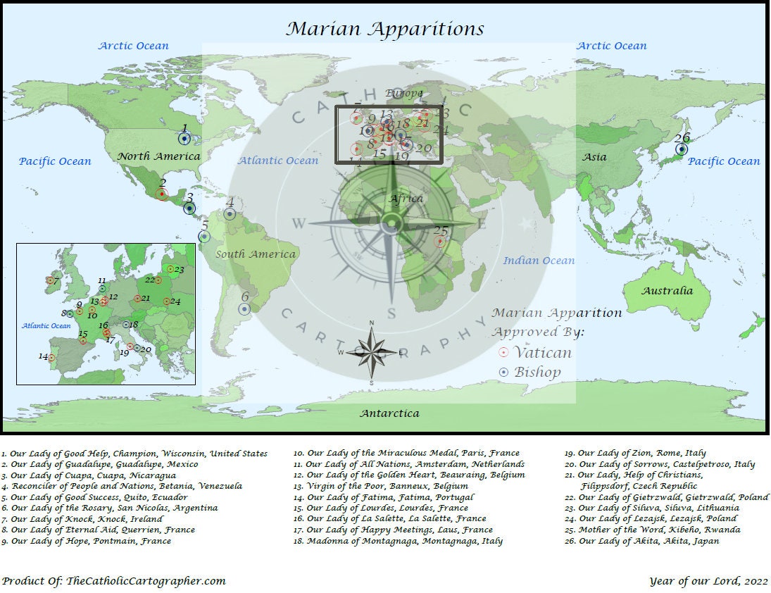11" X 8.5" World Map of Marian Apparitions - Etsy
