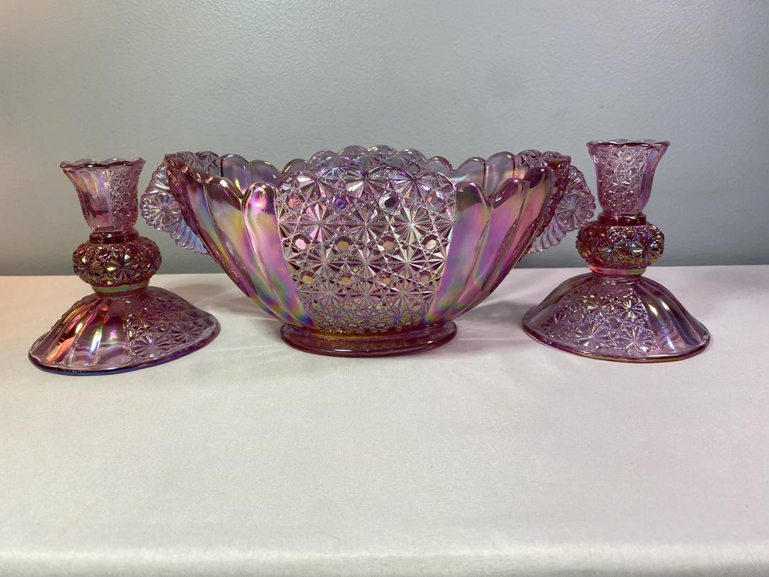 Fenton Glass Pink Iridescent - Daisy and Button - Large Bowl and Candle ...