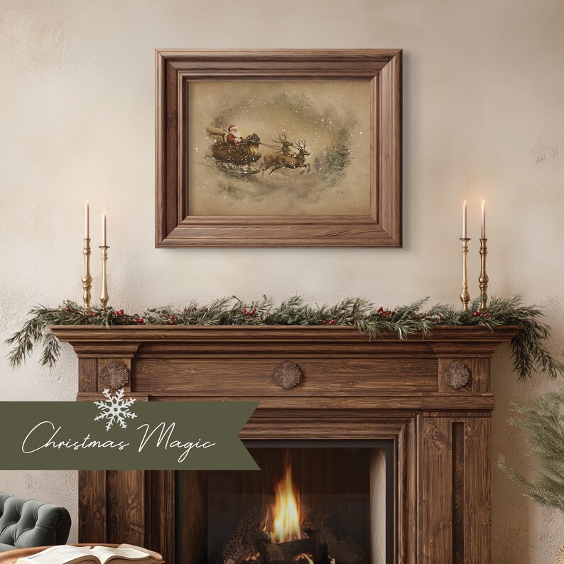 Christms Print | Reindeer and Santa Sleigh Print | Vintage Christmas ...