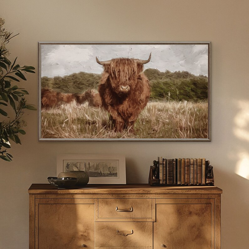 Highland Cow Oil Painting for Samsung Frame TV | Farmhouse Decor ...