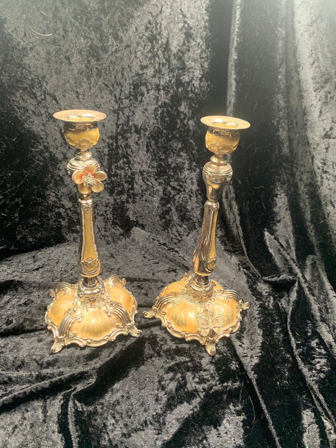 Vintage Georgian Candlesticks Silver W Enamel Butterfly Flower Crystals ...