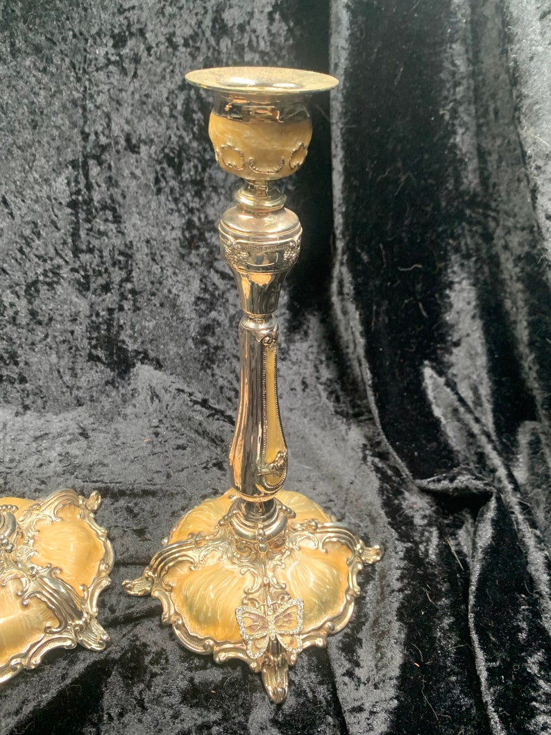 Vintage Georgian Candlesticks Silver W Enamel Butterfly Flower Crystals ...