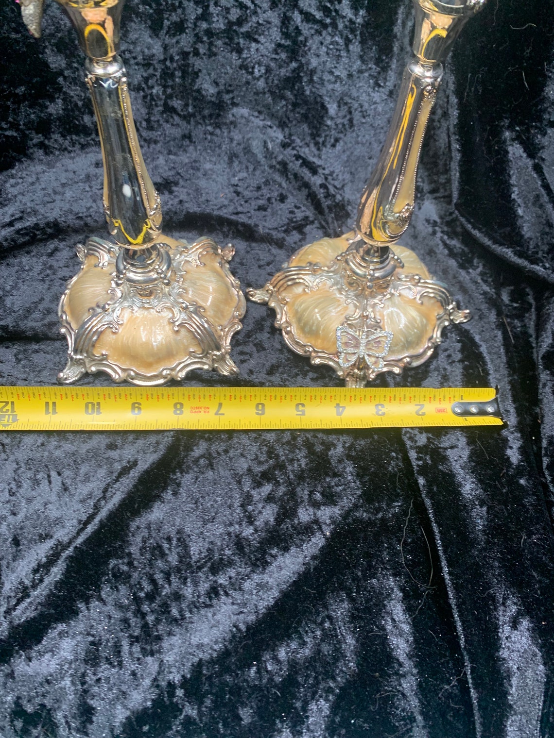 Vintage Georgian Candlesticks Silver W Enamel Butterfly Flower Crystals ...