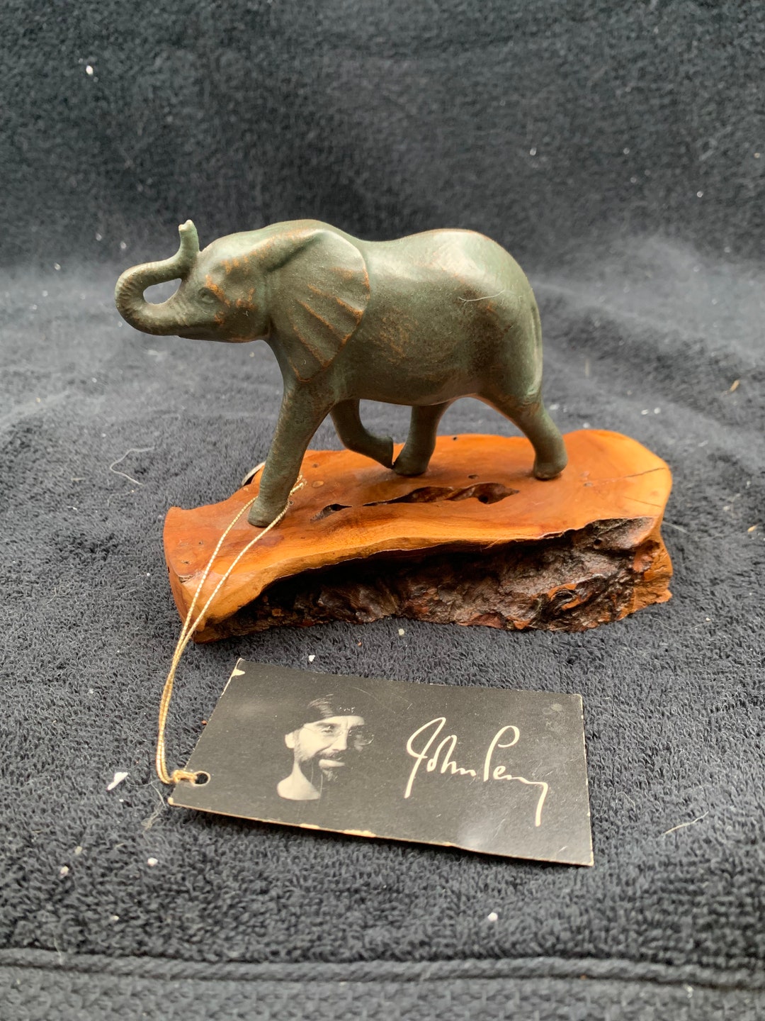 Vintage Collectible John Perry Elephant on Burl Wood Small 5.5 X4 Tall ...