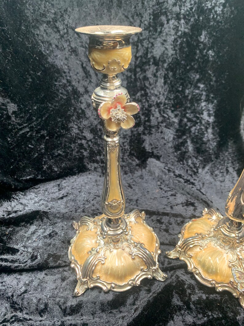 Vintage Georgian Candlesticks Silver W Enamel Butterfly Flower Crystals ...