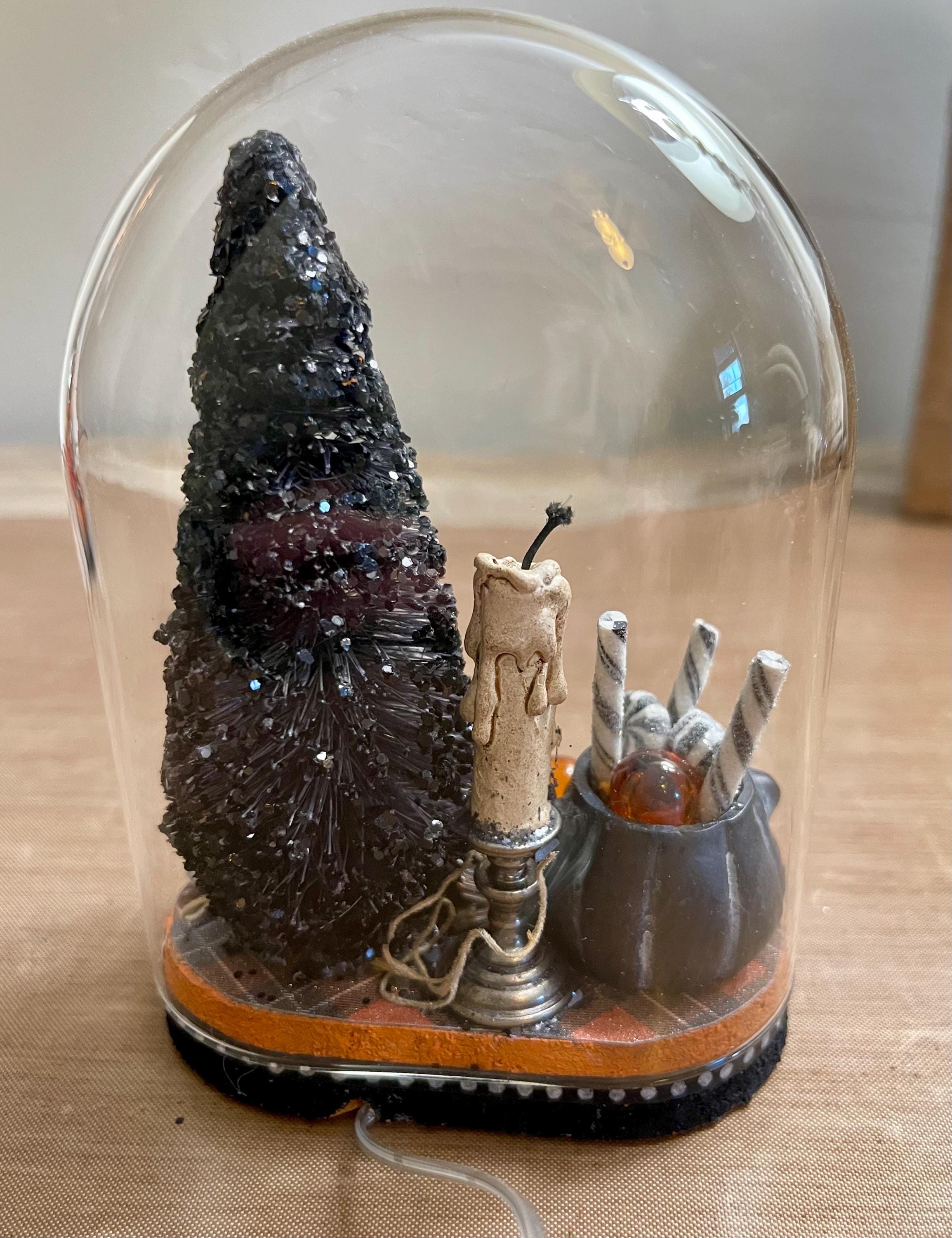 Vintage Style Spooky Black Cat Candy Bucket Halloween Reliquary Dome ...