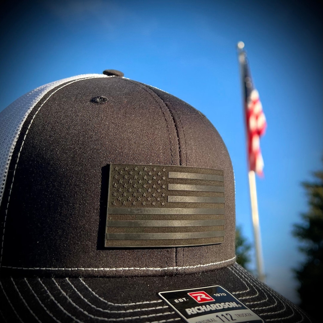 American Flag Leather Patch Hat, Laser Engraved, Authentic/distressed ...