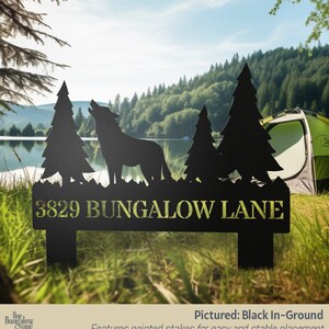 Howling Wolf and Trees Metal Door Address Sign Wall Hanger With Stakes ...