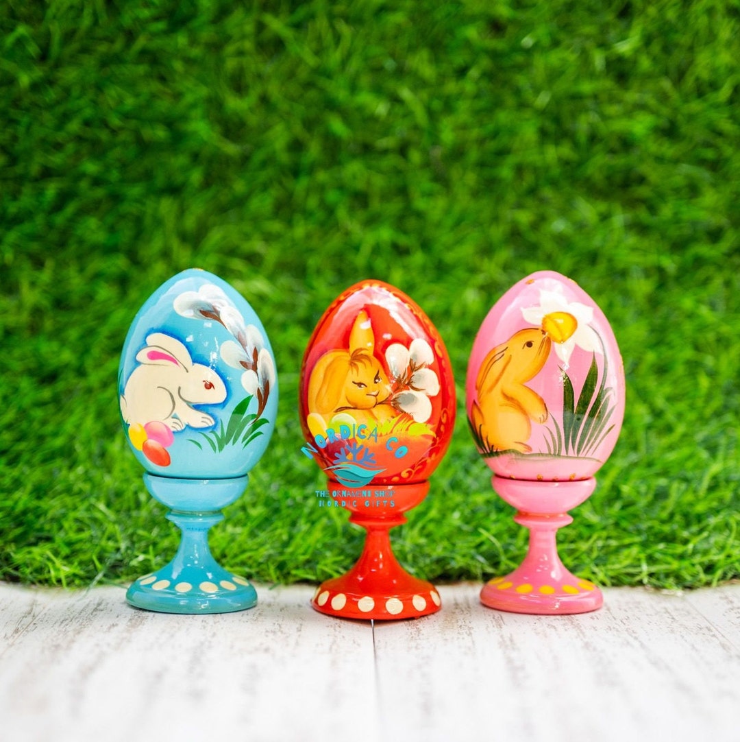 Hand-painted Wooden Easter Eggs: Bunny Ornaments With Stand - Etsy