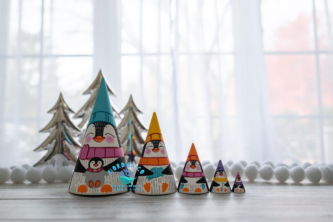 Hand Painted Wooden Penguin Stacking Cones, Scandinavian Christmas ...
