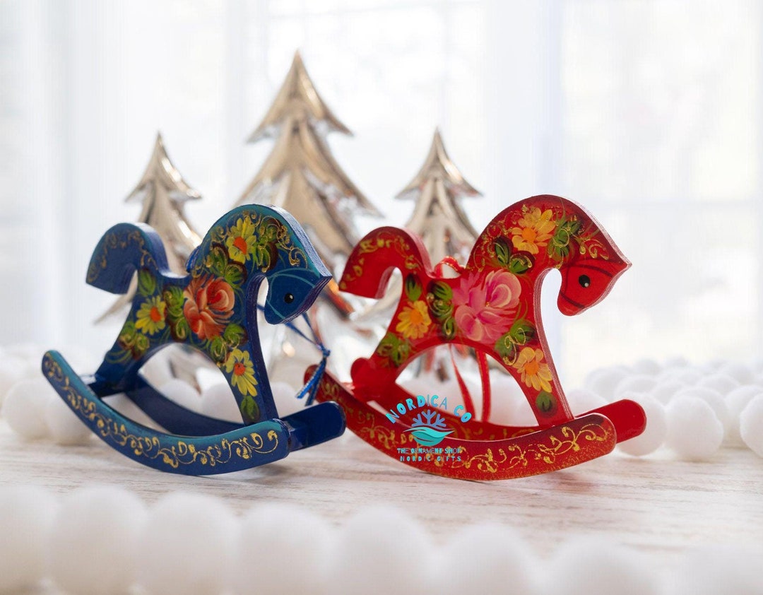 Wooden Hand Made and Hand Painted Rocking Horse Ornament, Xmas Rocking ...