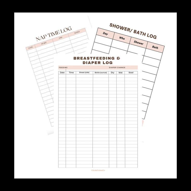 Printable Breastfeeding/ Diaper Change; Shower/ Bath; and Nap Time Logs ...