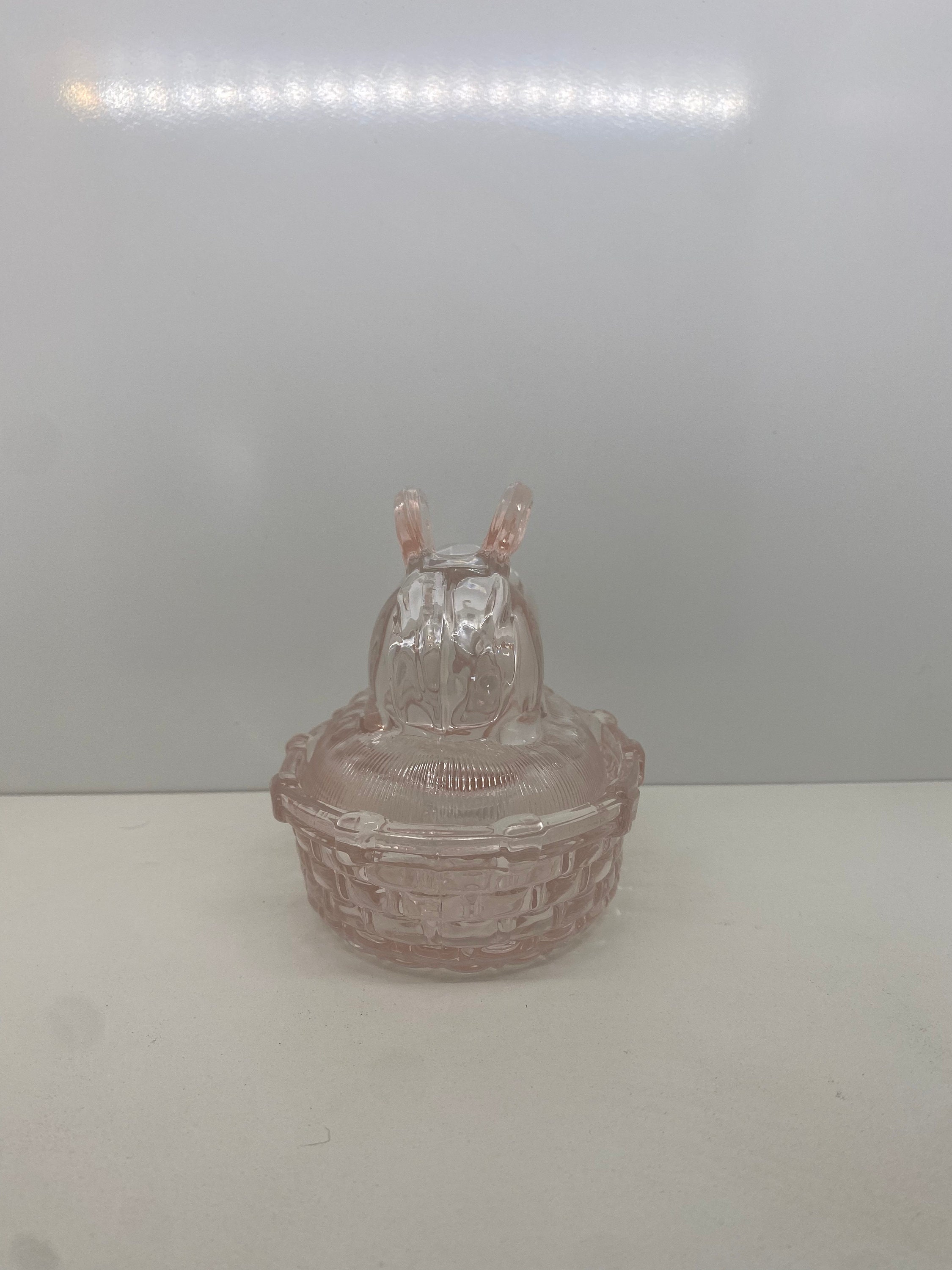 Glass Bunny Rabbit on Nest Basket Weave Candy Dish Clear Pink 5"x4 ...