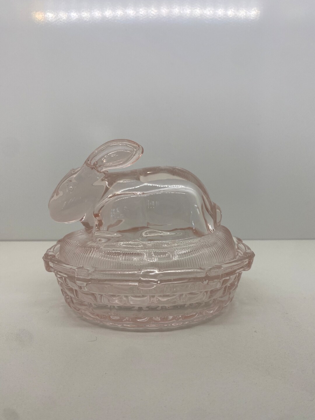 Glass Bunny Rabbit on Nest Basket Weave Candy Dish Clear Pink 5"x4 ...