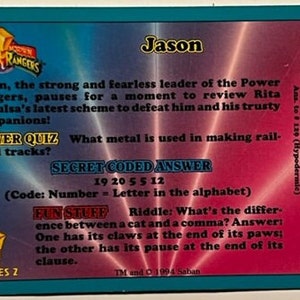 Mighty Morphin Power Rangers - JASON - Series 2 - Card #81 - 1994 - Etsy
