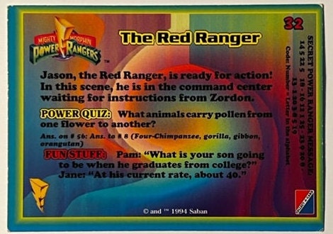 Mighty Morphin Power Rangers THE RED RANGER Card 32 1994 - Etsy