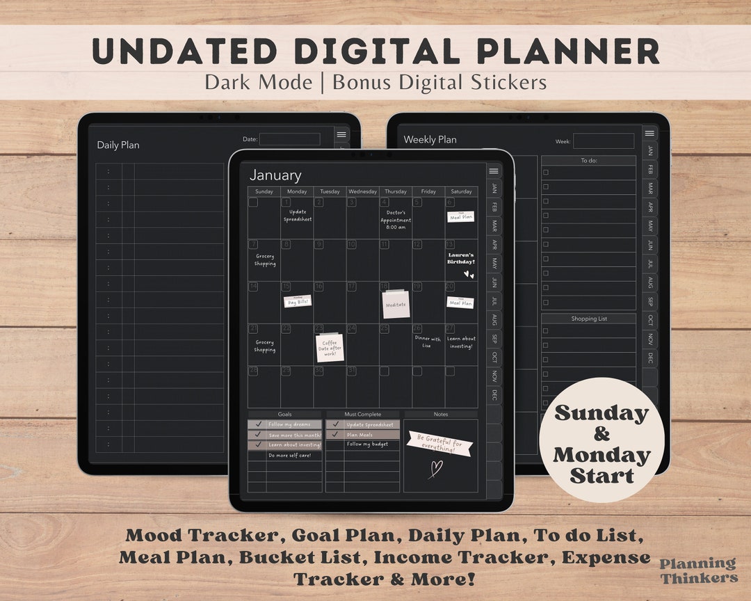 Dark Mode Digital Planner Undated, Dark Mode Planner, Dark Mode iPad ...