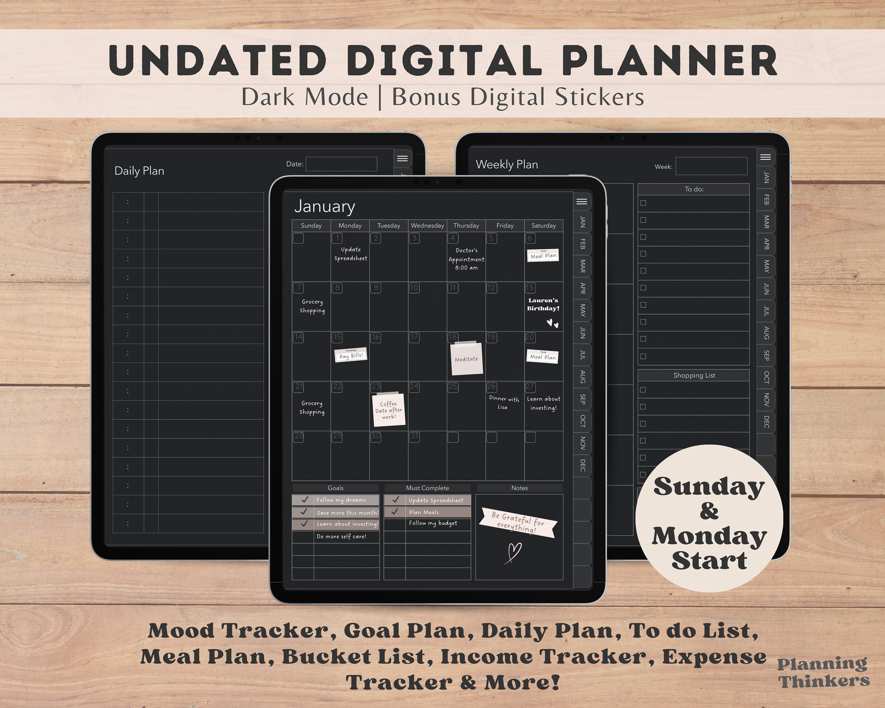Dark Mode Digital Planner Undated, Dark Mode Planner, Dark Mode iPad ...