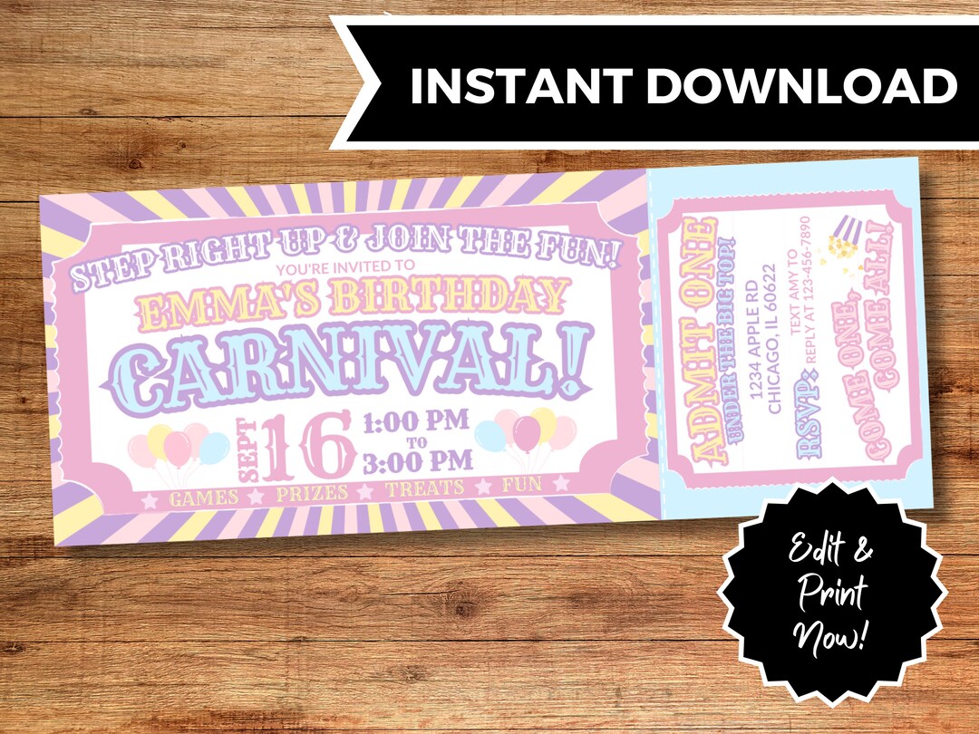 Pastel Carnival Circus Birthday Party Invitation - Editable Template - Etsy