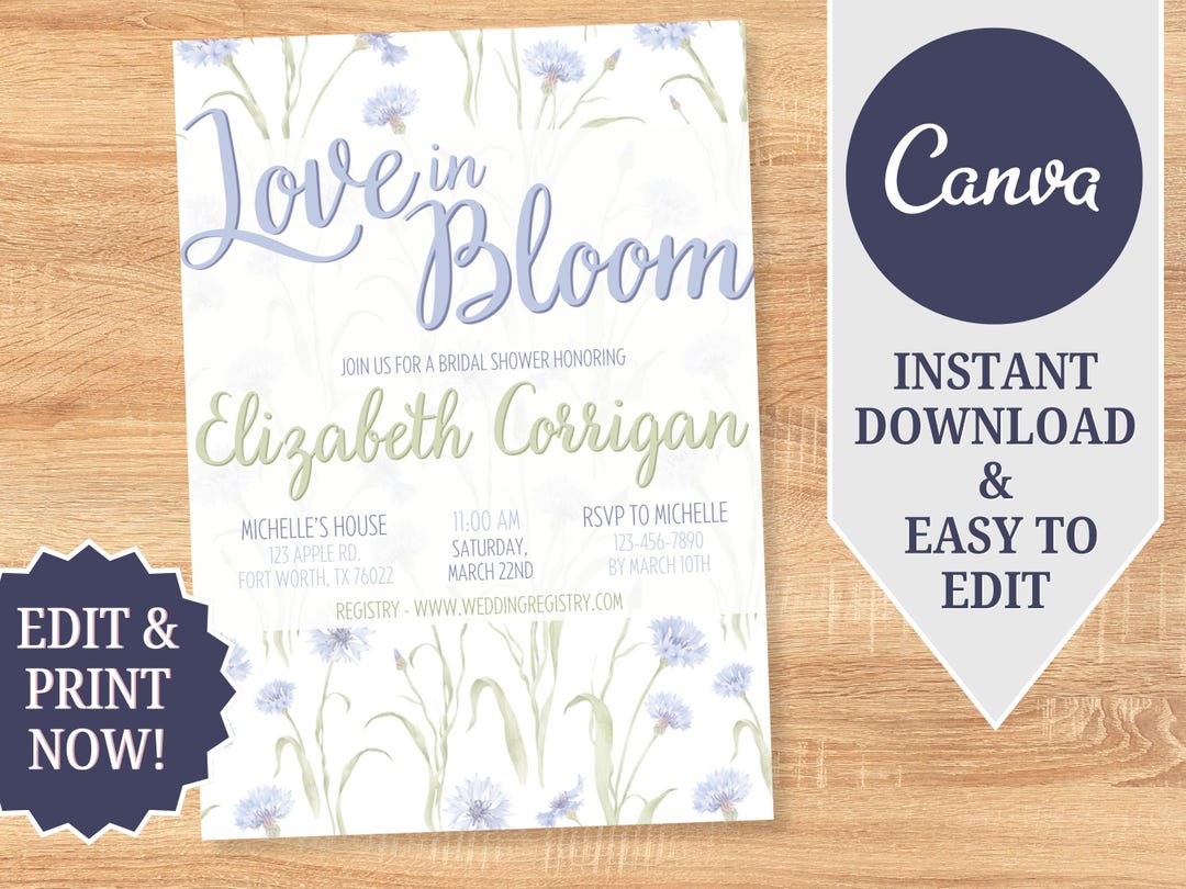 Blue Floral Garden Bridal Shower Invitation - Editable Template - Etsy