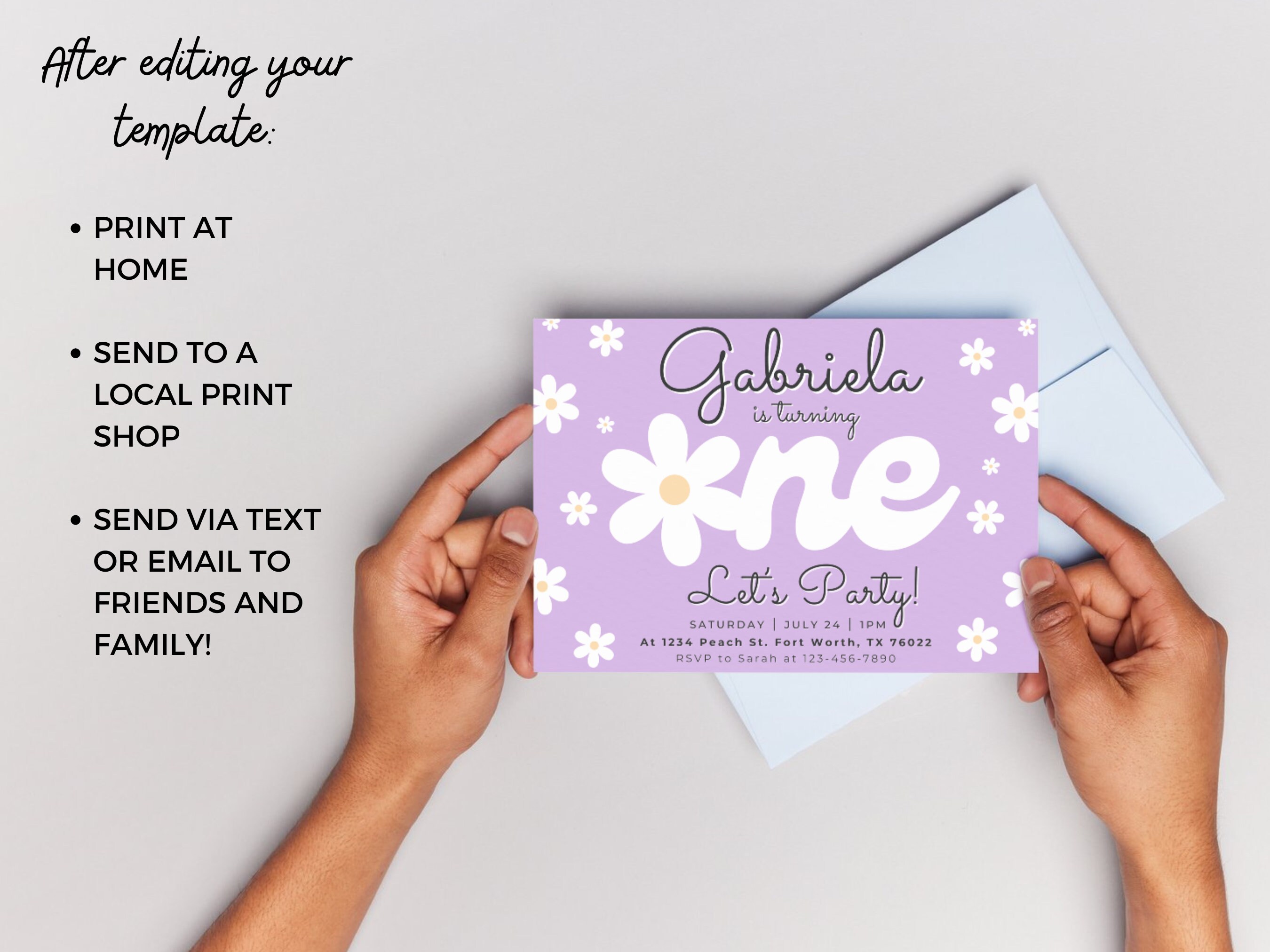 Purple Daisy First Birthday Invitation - Editable Template - Etsy