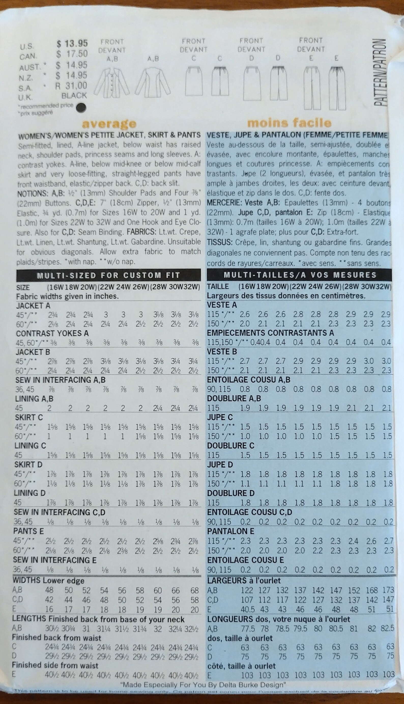 OOP Butterick 6480 Delta Burke Design Jacket, Skirt, Pants Sizes 22W ...