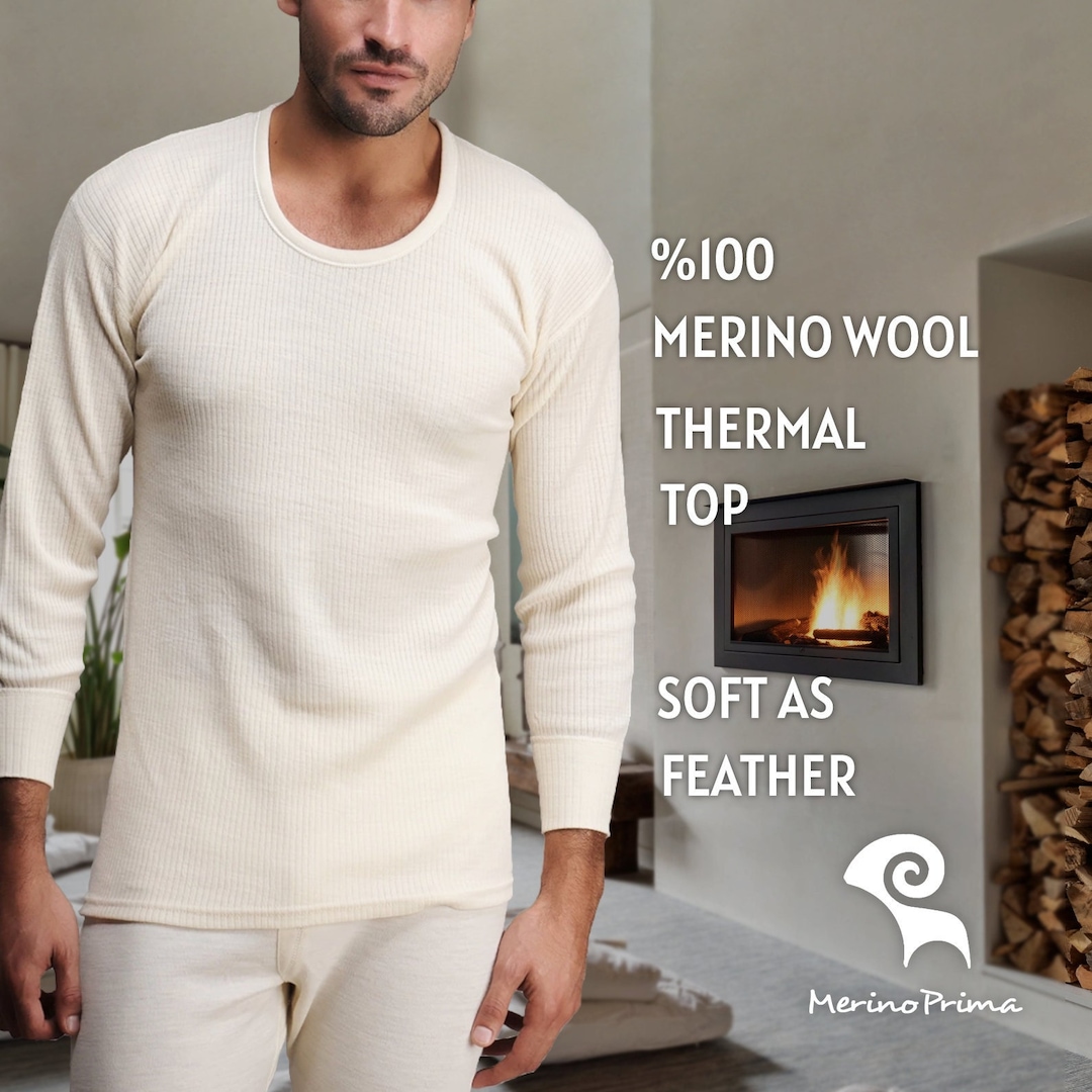 Natural %100 Merino Wool Long Sleeve Shirt - Mens Holiday Pajamas Top ...