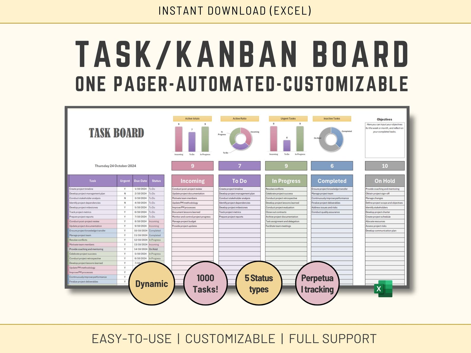 One-page Kanban Task or to Do List Board Excel Template, Download Now ...