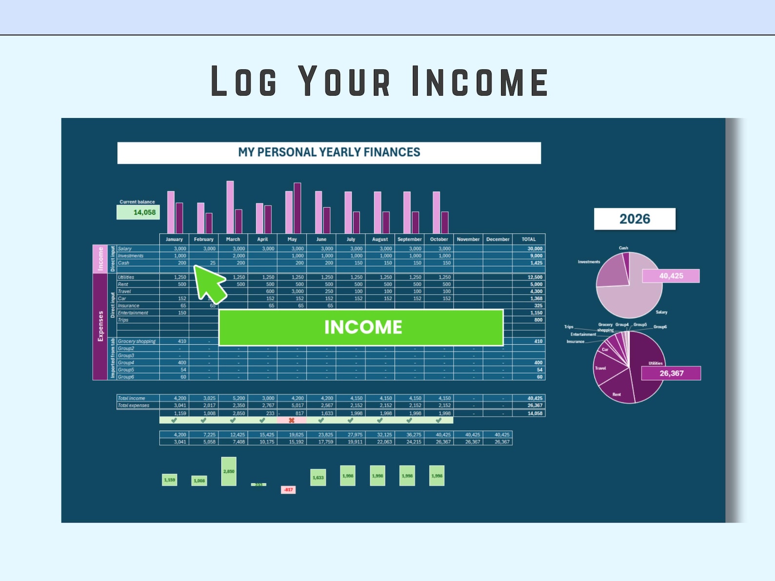 Excel Personal Finances 12 Months | Income and Expenses | Summary ...