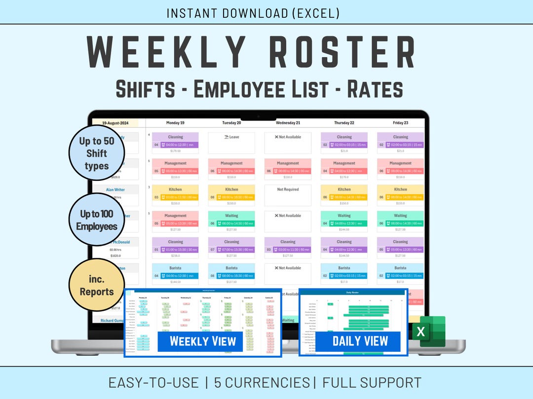 Excel Roster Management Template: Shifts, Employee List and Cost/rates ...