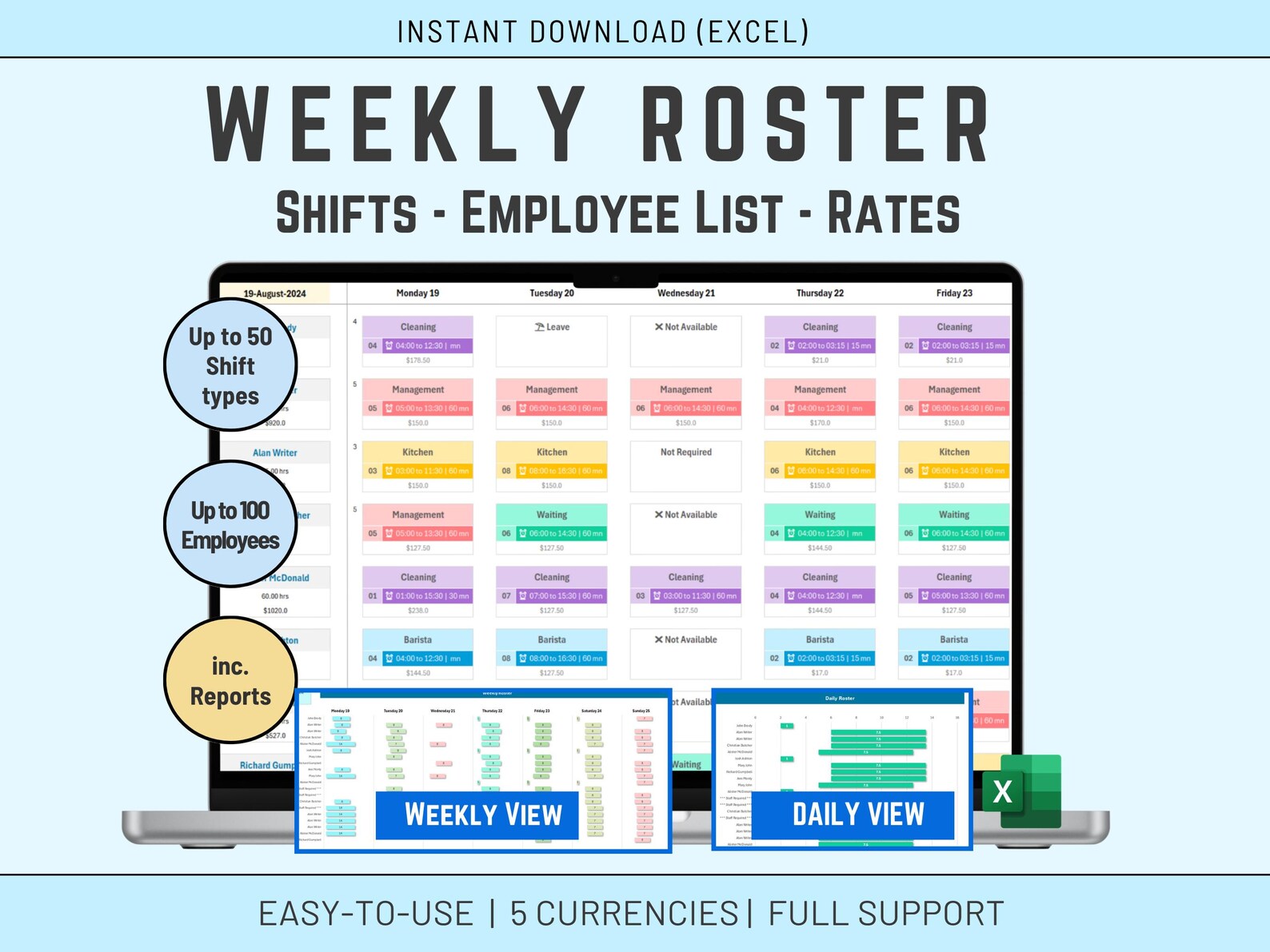 Excel Roster Management Template: Shifts, Employee List and Cost/rates ...